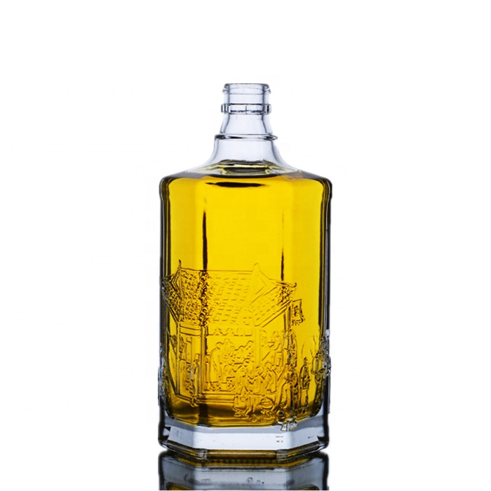 custom Hexagon shape 500ml glass bottle with emboss on bottle body ...