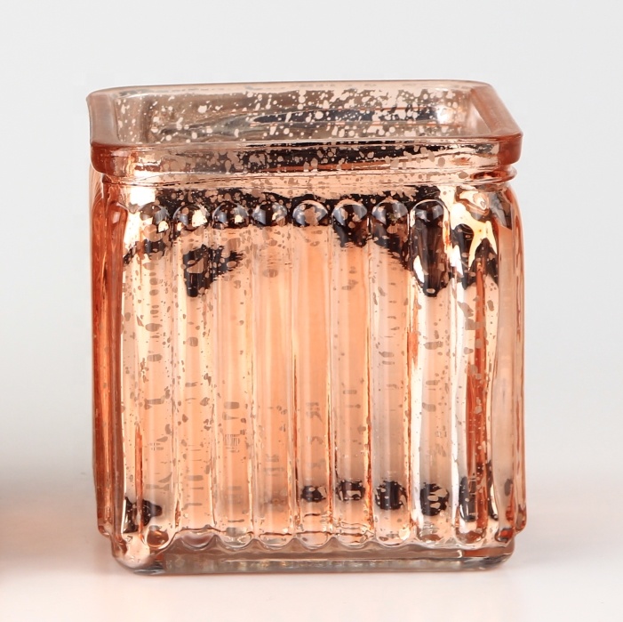 Vintage Empty Shiny Rose Gold Electroplated Ribbed Square Glass Candle ...
