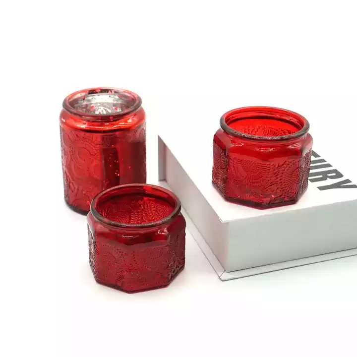 Red 120ml Colors Glass Candle Jars Embossed Candle Container With Metal Lid