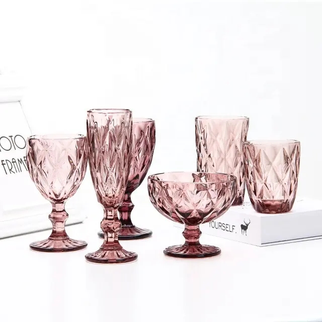 Stocked Machine Pressed Vintage Colored Goblet Embossed Wine Glass